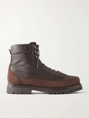 Brunello Cucinelli Shearling-lined Suede-trimmed Textured-leather Lace-up Boots