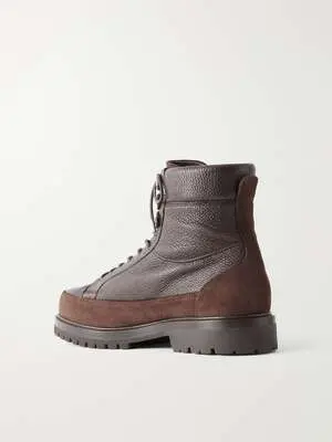 Brunello Cucinelli Shearling-lined Suede-trimmed Textured-leather Lace-up Boots