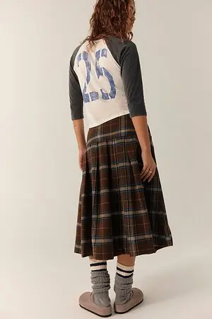 Free People We The Free Skipper Pleated Plaid Midi Skirt - Chocolate Combo