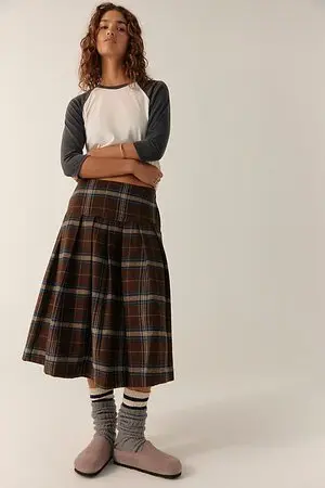Free People We The Free Skipper Pleated Plaid Midi Skirt - Chocolate Combo