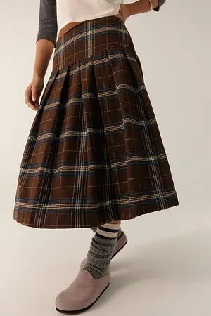Free People We The Free Skipper Pleated Plaid Midi Skirt - Chocolate Combo
