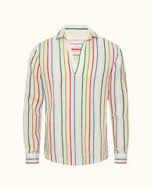 Orlebar Brown Relaxed Fit Open Reort Placket Chenille Tripe Linen Hirt In Multicolour - Multicoloured