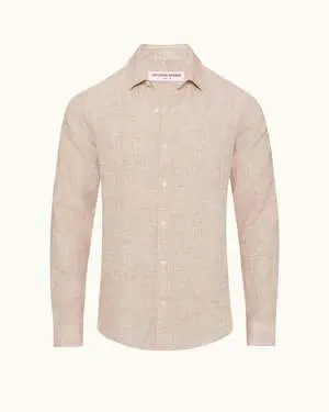 Orlebar Brown Tailored Fit Claic Collar Long-leeve Lightweight Linen Hirt - Ember/white