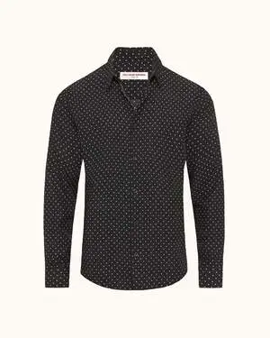 Orlebar Brown Tailored Fit Claic Collar Long-leeve Polka Dot Hirt - Black