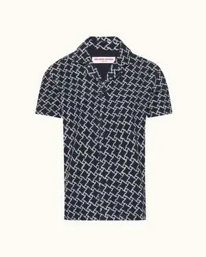 Orlebar Brown Relaxed Fit Capri Collar Geo Jacquard Towelling Hirt In Night Iri - Blue