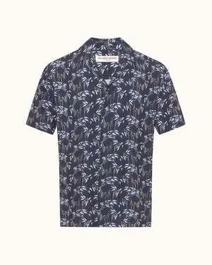 Orlebar Brown Relaxed Fit Capri Collar Catkin Print Linen Hirt In Night Iri - Blue