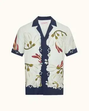 Orlebar Brown Relaxed Fit Linen Capri Collar Orchi Print Hirt In Night Iri - Blue