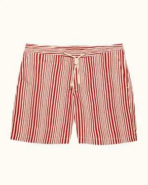 Orlebar Brown Mid-length Shore Stripe Drawcord Swim Shorts In Summer /white - Red