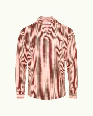 Orlebar Brown Relaxed Fit Open Reort Placket Hore Tripe Linen Hirt In Ummer /white - Red