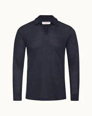 Orlebar Brown Night Iris Taiored Fit Ong-seeve Resort Coar Inen Poo Shirt - Blue