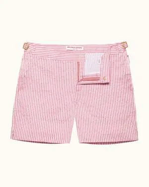 Orlebar Brown Mid-length Seersucker Stripe Swim Shorts In Woven In Italy - White/seashell Pink