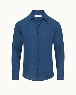 Orlebar Brown Dyed Linen Tailored Fit Claic Collar Hirt Woven In Italy - Deep Indigo