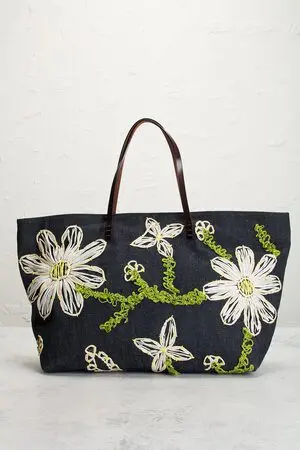 Fendi Flower Embroidered Denim Tote Bag
