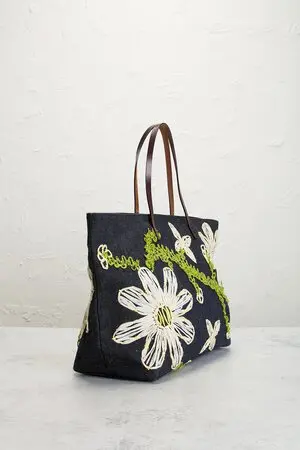 Fendi Flower Embroidered Denim Tote Bag