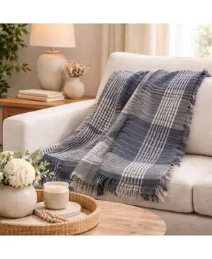 STUDIO VARIOUSLY Silica Stripes Pattern Soft Handwoven Merino Throw - Navy