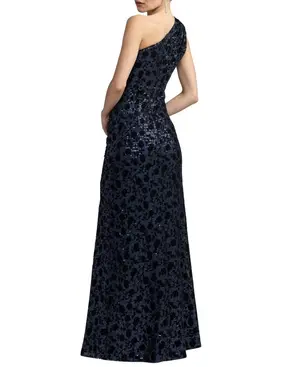 Mac Duggal Floral One Shoulder Sequin Gown With Slit