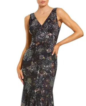 Mac Duggal Embellished Floral Sleeveless V-back Gown
