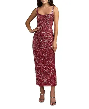 Mac Duggal Sleeveless Scoop Neck Sequin Ankle Dress - Red