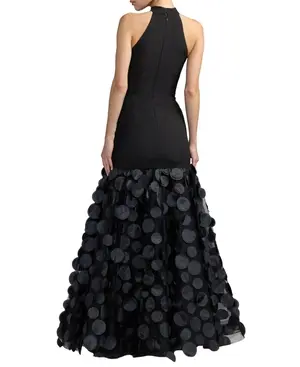 Mac Duggal Crepe Halter Neck Trumpet Gown With Appliqued Sheer Skirt