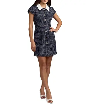 Mac Duggal Boucle Cap Sleeve Mini Dress With Flower Details
