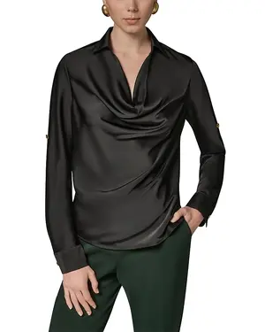 Donna Karan New York Roll Tab Cowl Neck Shirt - Black