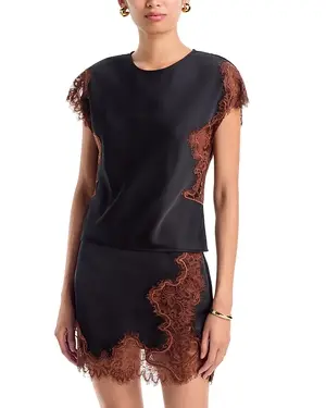 Aqua Cap Sleeve Lace Trim Satin Top Exclusive - Black/brown