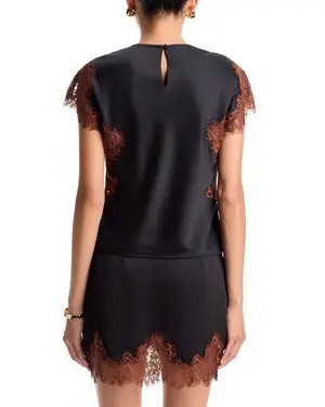 Aqua Cap Sleeve Lace Trim Satin Top Exclusive