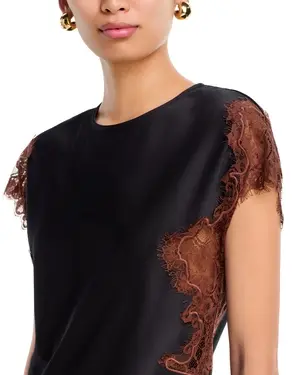 Aqua Cap Sleeve Lace Trim Satin Top Exclusive