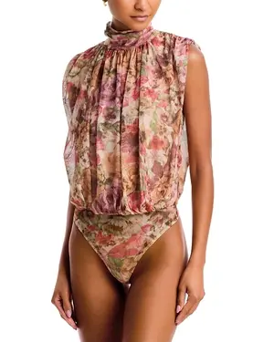 Aqua Mock Neck Mesh Blouson Bodysuit Exclusive