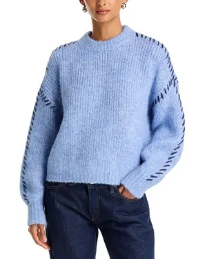 Aqua Whipstitch Trim Crewneck Sweater Exclusive - Blue/navy