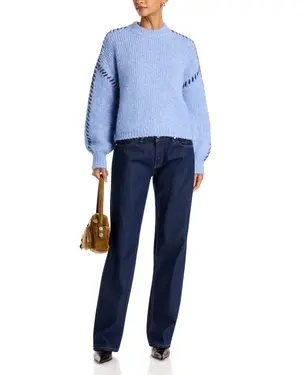 Aqua Whipstitch Trim Crewneck Sweater Exclusive - Blue/navy