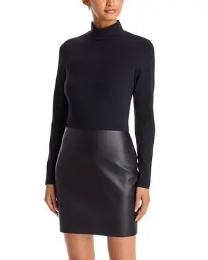 Aqua Turtleneck Mixed Media Faux Leather Dress
