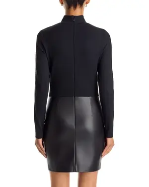 Aqua Turtleneck Mixed Media Faux Leather Dress