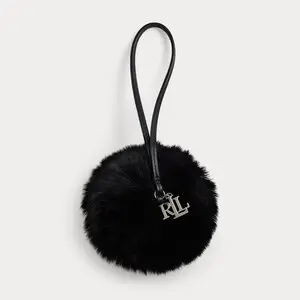 Ralph Lauren Leather & Shearling Pom-pom Bag Charm Black
