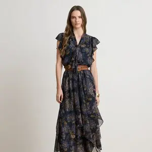 Ralph Lauren Floral Crinkle Georgette Tie-neck Dress - Navy Multi