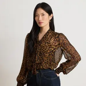 Ralph Lauren Ocelot-print Chiffon Tie-neck Blouse