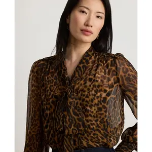 Ralph Lauren Ocelot-print Chiffon Tie-neck Blouse