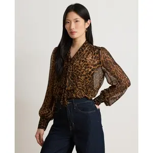 Ralph Lauren Ocelot-print Chiffon Tie-neck Blouse