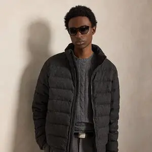 Ralph Lauren Golden Herringbone Down Jacket With Embroidered Polo Pony - Charcoal