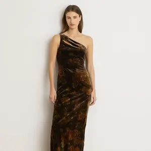 Ralph Lauren Floral Velvet One-shoulder Gown - Brown Multi