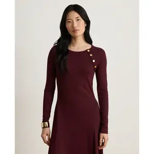 Ralph Lauren Button-trim Ribbed Cotton-blend Dress - Dark Garnet
