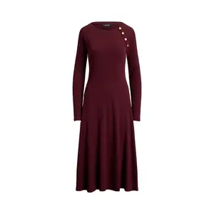 Ralph Lauren Button-trim Ribbed Cotton-blend Dress - Dark Garnet