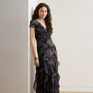 Ralph Lauren Floral Ruffle-trim Georgette Gown - Navy Multi