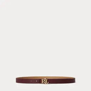 Ralph Lauren Logo Reversible Leather Skinny Belt - Dark Garnet/camel