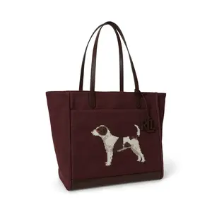 Ralph Lauren Dog Embroidered Large Tote Bag - Dark Garnet/brown