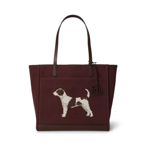 Ralph Lauren Dog Embroidered Large Tote Bag - Dark Garnet/brown