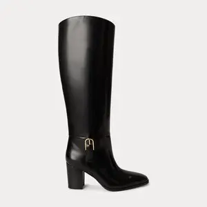 Ralph Lauren Raelynn Glazed Leather Tall Boot Heel - Black