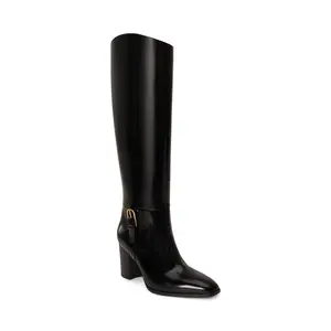 Ralph Lauren Raelynn Glazed Leather Tall Boot Heel - Black