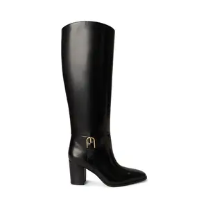 Ralph Lauren Raelynn Glazed Leather Tall Boot Heel - Black