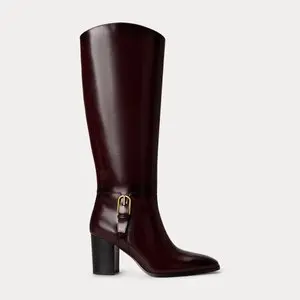 Ralph Lauren Raelynn Glazed Leather Tall Boot Heel - Dark Garnet